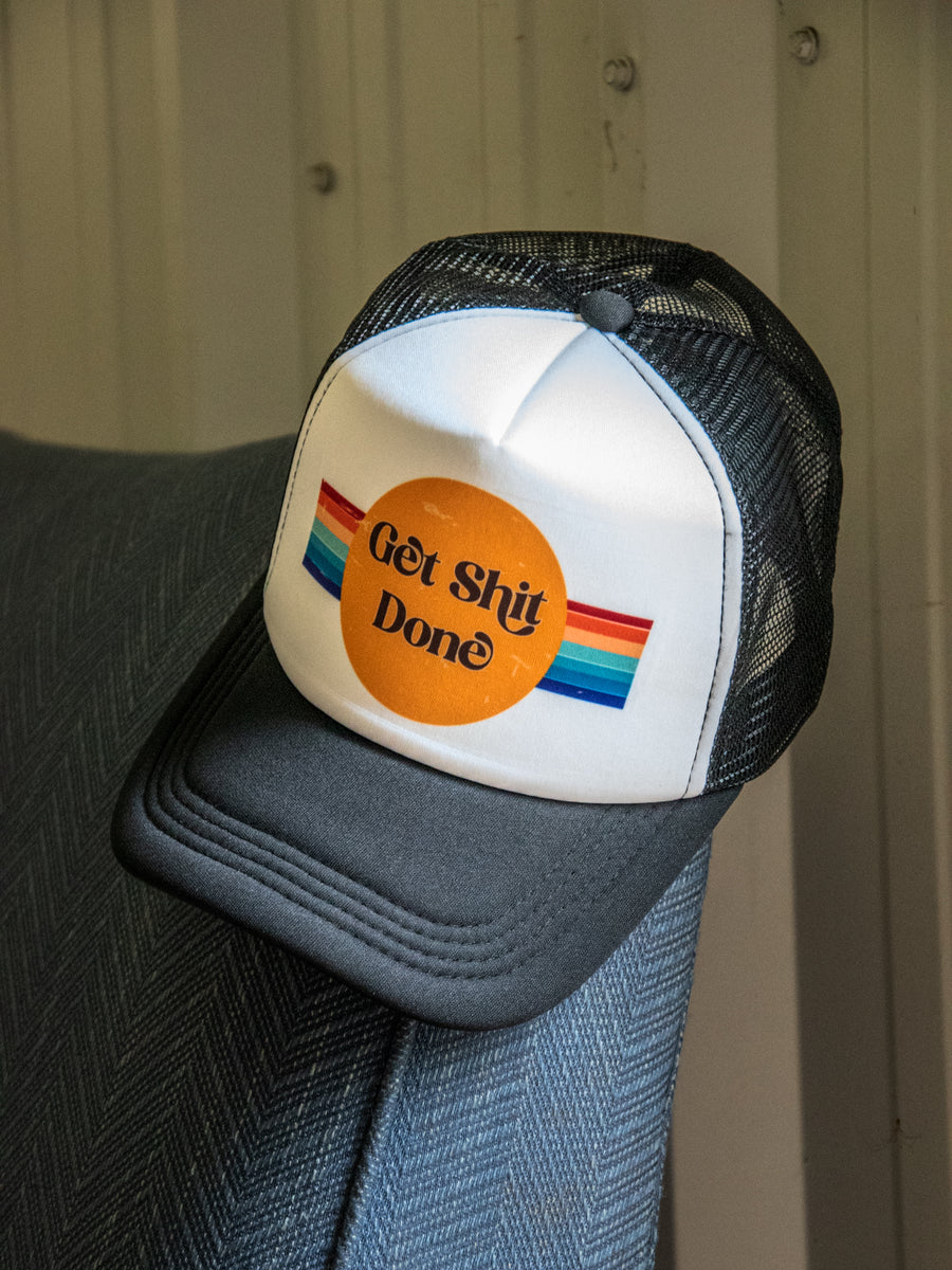 Trucker Hat | Hand Printed | Get Shit Done | Black Hat – In Blue Handmade