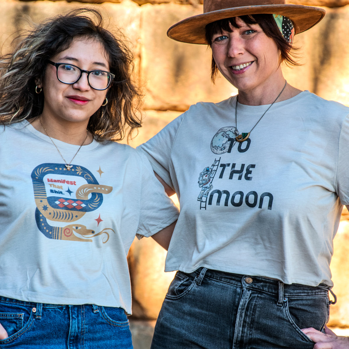 Handprinted T-shirt | To The Moon | Oatmeal | Flowy Crop – In Blue Handmade