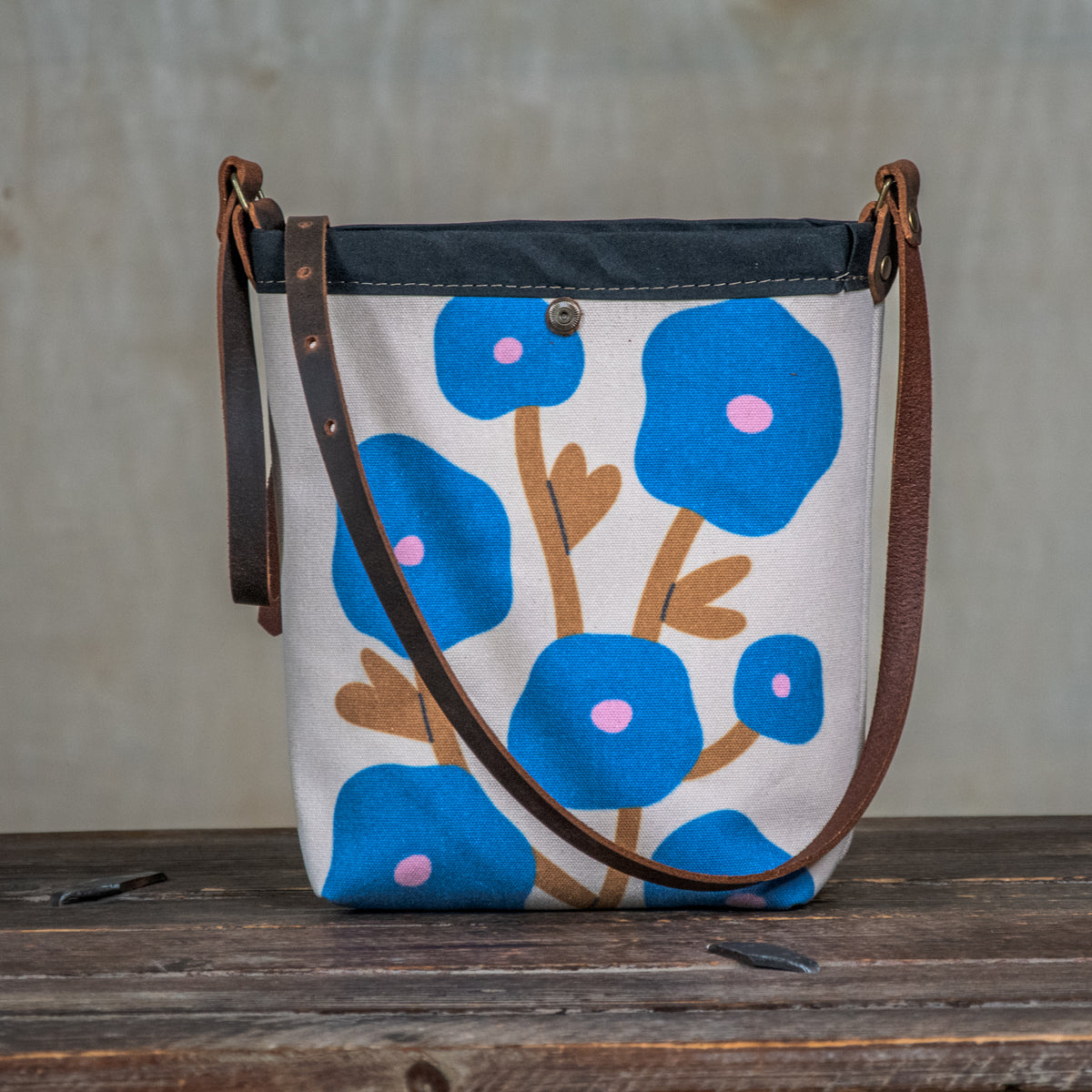 SMALL Canvas and Leather Tote Bag Blue Poppies | Handprinted – In Blue ...