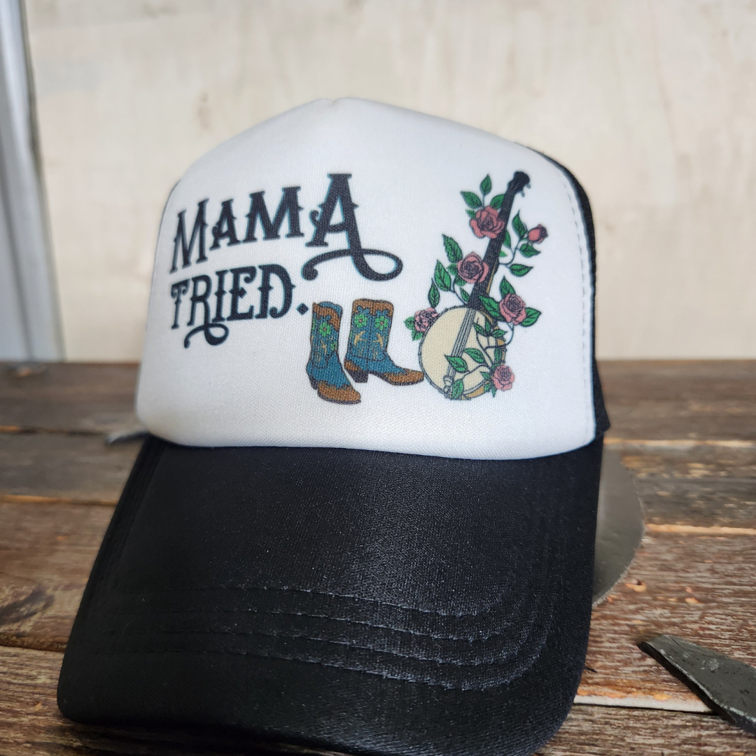 Trucker Hat | Hand Printed | Mama Tried | Black Hat – In Blue Handmade
